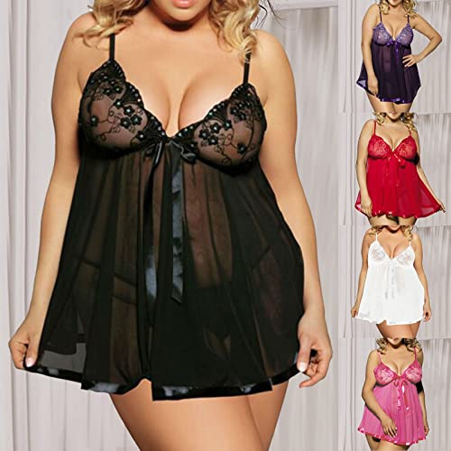 Qopobobo Sexy Lengerie for Women Naughty Lace V Neck Nightwear Satin Sleepwear Plus Size Mini Lace Chemise Teddy Sleepwear Hot Pink