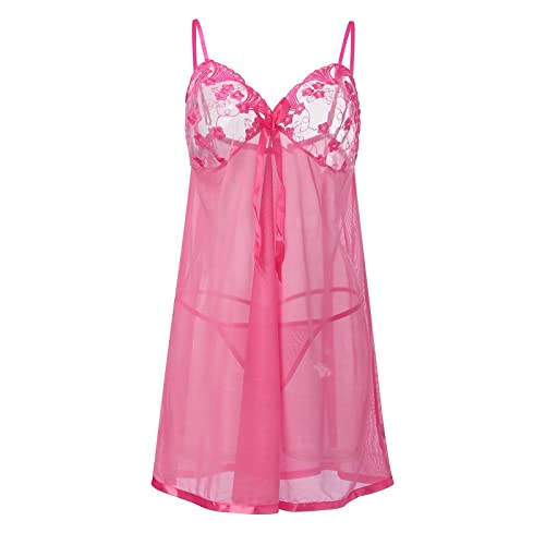 Qopobobo Sexy Lengerie for Women Naughty Lace V Neck Nightwear Satin Sleepwear Plus Size Mini Lace Chemise Teddy Sleepwear Hot Pink