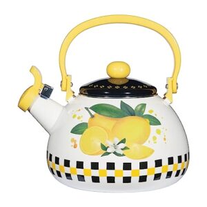 whistling tea kettle for stove top enamel on steel teakettle, supreme housewares lemon and checkered pattern teapot water kettle cute kitchen accessories teteras (2 quart, lemon)