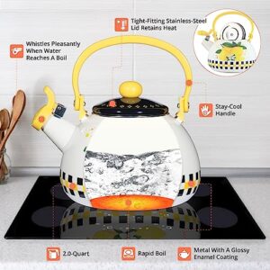 Whistling Tea Kettle for Stove Top Enamel on Steel Teakettle, Supreme Housewares Lemon and Checkered Pattern Teapot Water Kettle Cute Kitchen Accessories Teteras (2 Quart, Lemon)