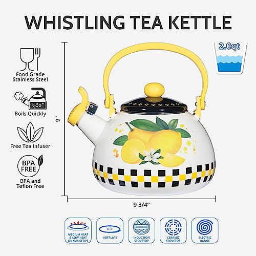 Whistling Tea Kettle for Stove Top Enamel on Steel Teakettle, Supreme Housewares Lemon and Checkered Pattern Teapot Water Kettle Cute Kitchen Accessories Teteras (2 Quart, Lemon)