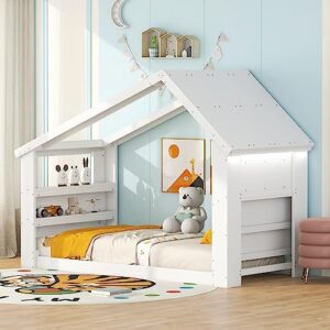 bellemave house floor bed for kids, twin montessori bed frame with with led light, storage headboard & footboard, wood tent/cabin beds for girls boys teens, white