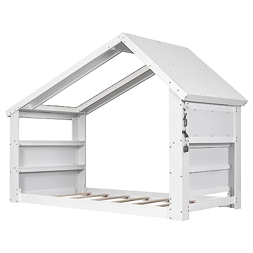 Bellemave House Floor Bed for Kids, Twin Montessori Bed Frame with with LED Light, Storage Headboard & Footboard, Wood Tent/Cabin Beds for Girls Boys Teens, White