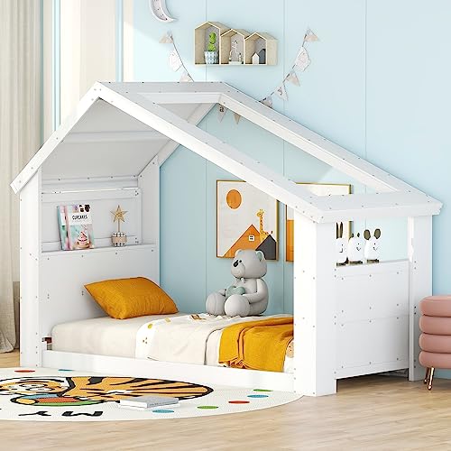 Bellemave House Floor Bed for Kids, Twin Montessori Bed Frame with with LED Light, Storage Headboard & Footboard, Wood Tent/Cabin Beds for Girls Boys Teens, White