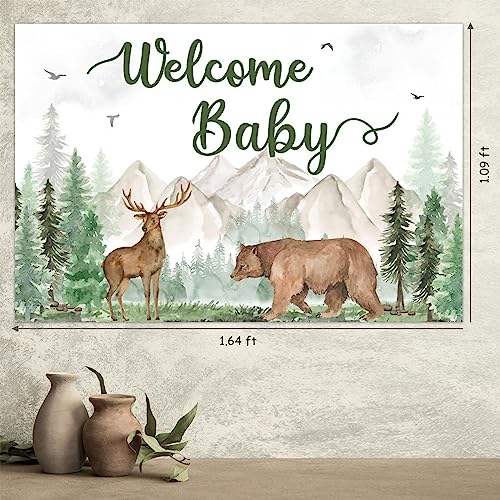 Let the Adventure Begin Baby Shower Decorations Sage Green and Gold Balloon Garland Arch with Welcome Baby Backdrop Banner Cake Toppers for Forest Mountain Adventure Baby Shower Decorations