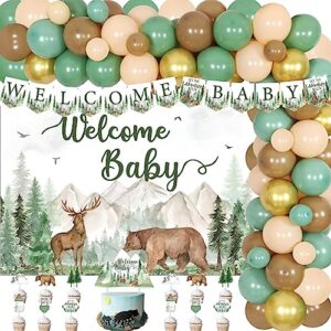 let the adventure begin baby shower decorations sage green and gold balloon garland arch with welcome baby backdrop banner cake toppers for forest mountain adventure baby shower decorations