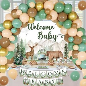 Let the Adventure Begin Baby Shower Decorations Sage Green and Gold Balloon Garland Arch with Welcome Baby Backdrop Banner Cake Toppers for Forest Mountain Adventure Baby Shower Decorations