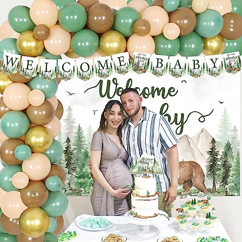 Let the Adventure Begin Baby Shower Decorations Sage Green and Gold Balloon Garland Arch with Welcome Baby Backdrop Banner Cake Toppers for Forest Mountain Adventure Baby Shower Decorations