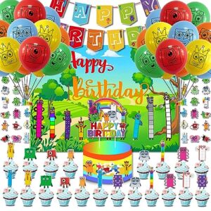 107 pcs number blocks birthday party supplies - number birthday decorations include banner, latex balloons, cake topper, cupcake toppers, backdrop, stickers, digital themed block party gift sets