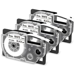 xr-9we replace for casio label it tape 9mm 3/8'' xr-9we xr9we xr-9we2s black on white tape cassette comaptible casio ez label printer kl-750 kl-60 kl-100 kl-120 kl-430 kl-780 kl-7200, 3-pack