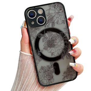 skyseaco for iphone 13 mini case compatible with magsafe for black frosted pc back protector flower shockproof black floral blooms design protective women girls phone case - flower blooms/black