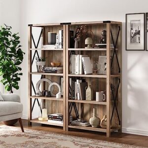 amerlife 4-tier bookshelf, set of 2 tall industrial book shelf, rustic wood & metal x frame farmhouse bookcase & bookshelves, for living room, bedroom, barn wood