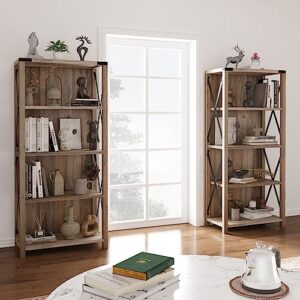 AMERLIFE 4-Tier Bookshelf, Set of 2 Tall Industrial Book Shelf, Rustic Wood & Metal X Frame Farmhouse Bookcase & Bookshelves, for Living Room, Bedroom, Barn Wood