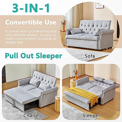 NOSGA Double Sofa Bed, 53.14" Pull Out Sofa Bed Velvet Convertible Sleeper Sofa Bed Velvet Sleeper Sofa Bed with 2 Pillows Adjustable Backrest Modern Adjustable Bed Lounge Chaise, Grey-1