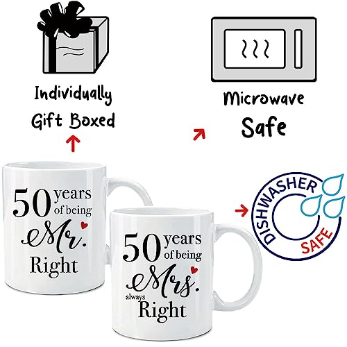 Dnuiyses 50 Years of Being Mr. Right & Mrs. Always, 50th Anniversary Wedding Engagement Gifts for Couples Husband Wife Parents Grandparents, 50th Mug Gifts Set of 2-112