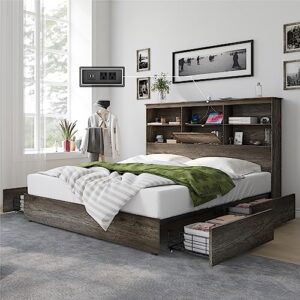 amerlife king size bed frame wooden platform bed with 51.2'' storage bookcase headboard, 4 storage drawers & charging station/no box spring needed/noise free/rustic grey,wbf-142