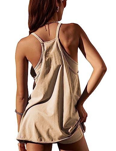 Yidarer Women's Summer Sleeveless Mini Dress V Neck Spaghetti Straps Athletic Shorts Dress with Pockets(Khaki-L)