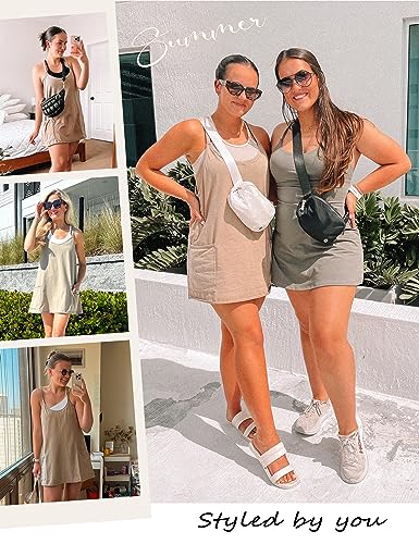 Yidarer Women's Summer Sleeveless Mini Dress V Neck Spaghetti Straps Athletic Shorts Dress with Pockets(Khaki-L)