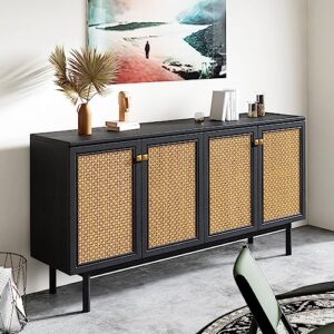 amerlife 63'' sideboard buffets cabinet, 2-adjustable shelves storage cabinet & 4 doors, large accent storage credenzas for living room, dining room, bedroom, black,cbs002 102a