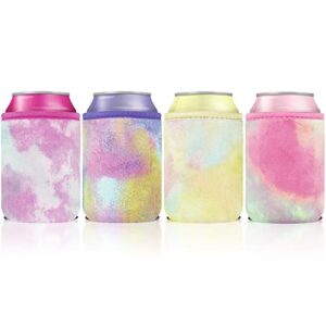 bagnoregio 4-pack tie dye faux fur neoprene 12oz beer can cooler sleeves, fuzzy plush velvet soda can koozies (rainbow multi color)