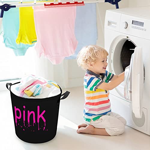 I Love Pink Laundry Hamper Round Canvas Fabric Baskets with Handles Waterproof Collapsible Washing Bin Clothes Bag