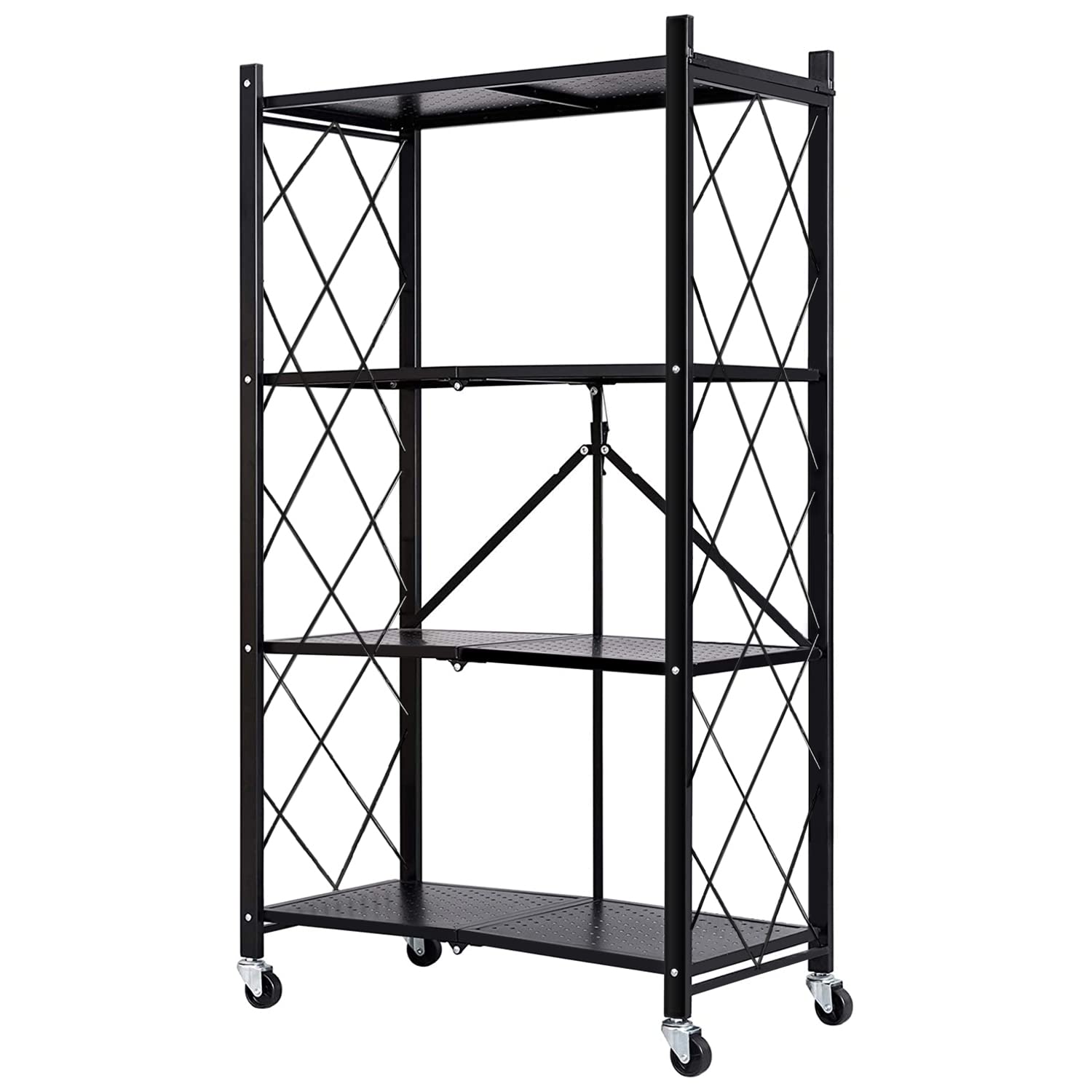 Txxplv 4-Tier Folding Shelf Storage Shelves Heavy Duty Foldable Metal Shelving Units Racks with Wheels No Assembly Required Great for Kitchen and Garage Shelf