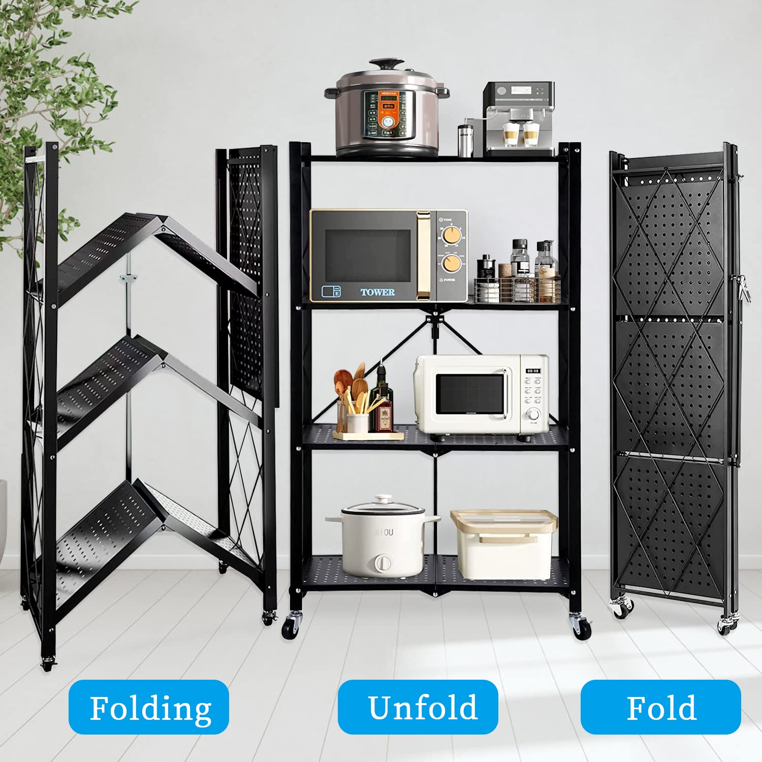 Txxplv 4-Tier Folding Shelf Storage Shelves Heavy Duty Foldable Metal Shelving Units Racks with Wheels No Assembly Required Great for Kitchen and Garage Shelf