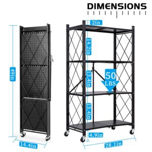 Txxplv 4-Tier Folding Shelf Storage Shelves Heavy Duty Foldable Metal Shelving Units Racks with Wheels No Assembly Required Great for Kitchen and Garage Shelf