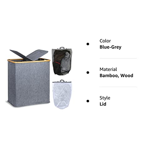 efluky Double Laundry Hamper with Lid, Divided Laundry Hamper with Removable Bags, 2 Section Dirty Clothes Basket with Handles for Bathroom, Bedroom & Laundry Room, 140L Blue-Grey