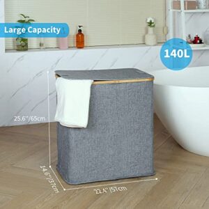 efluky Double Laundry Hamper with Lid, Divided Laundry Hamper with Removable Bags, 2 Section Dirty Clothes Basket with Handles for Bathroom, Bedroom & Laundry Room, 140L Blue-Grey