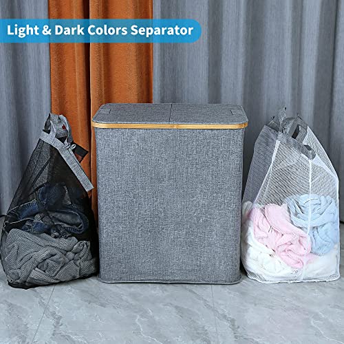 efluky Double Laundry Hamper with Lid, Divided Laundry Hamper with Removable Bags, 2 Section Dirty Clothes Basket with Handles for Bathroom, Bedroom & Laundry Room, 140L Blue-Grey