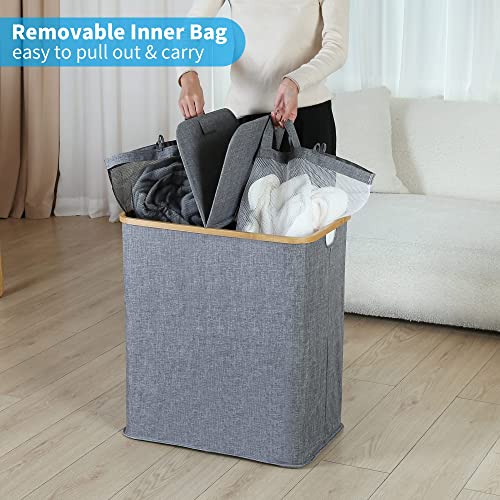 efluky Double Laundry Hamper with Lid, Divided Laundry Hamper with Removable Bags, 2 Section Dirty Clothes Basket with Handles for Bathroom, Bedroom & Laundry Room, 140L Blue-Grey