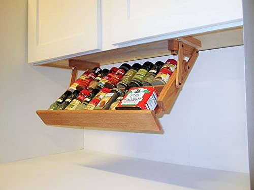 Makimoo Kitchen Storage Under Cabinet Spice Rack, Handmade Hardwood, Holds 16 Large or 32 Small Spice Containers