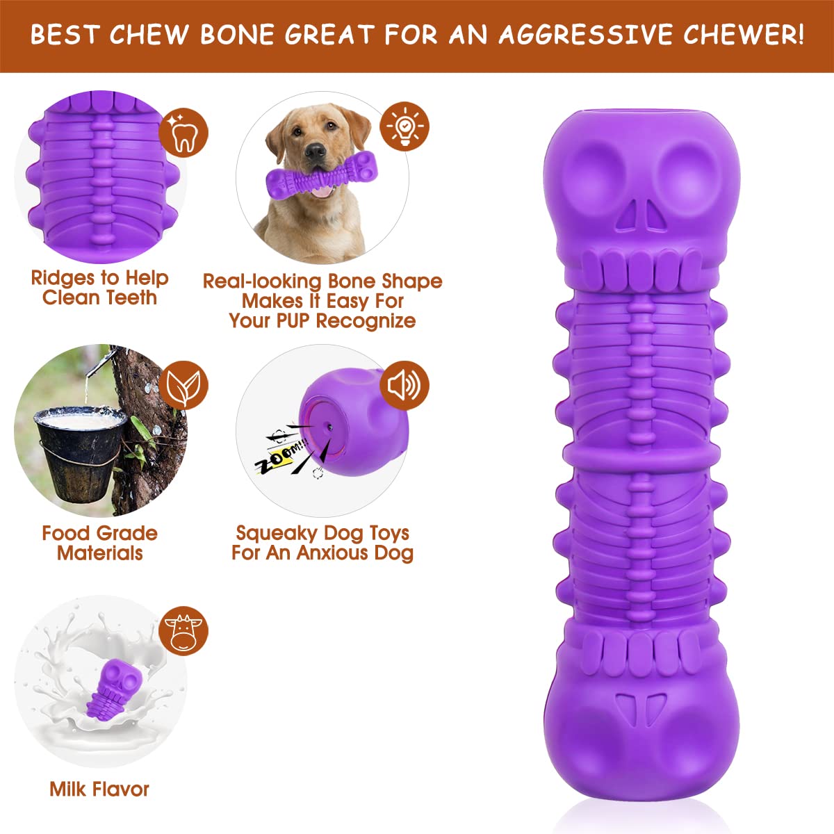 FRLEDM Dog Toys, Squeaky Dog Toys, Durable Dog Toys for Aggressive Chewers, Chew Toys for Aggressive Chewers Large Breed, Tough Rubber Dental Chew Dog Toys for Large Medium Breed (Purple-Large)