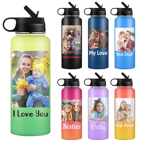 Personalized Insulated Water Bottle with Straw, Christmas Birthday Gift for Kids Women Men, Custom Stainless Steel Thermoses Cup with Photos Pictures Text, 32OZ