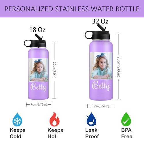 Personalized Insulated Water Bottle with Straw, Christmas Birthday Gift for Kids Women Men, Custom Stainless Steel Thermoses Cup with Photos Pictures Text, 32OZ