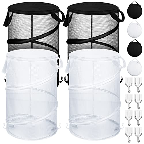 4 Set Pop up Laundry Hamper with Lid Mesh Collapsible Laundry Baskets with Handles Round Foldable Pop up Hamper with Sticky Hooks for Dirty Clothes Storage Room Organizer Travel Room Dorm White, Black