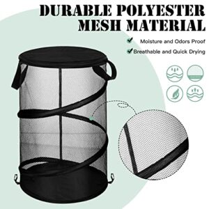 4 Set Pop up Laundry Hamper with Lid Mesh Collapsible Laundry Baskets with Handles Round Foldable Pop up Hamper with Sticky Hooks for Dirty Clothes Storage Room Organizer Travel Room Dorm White, Black