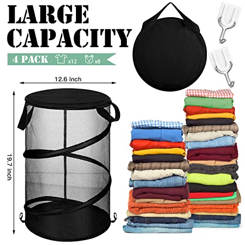 4 Set Pop up Laundry Hamper with Lid Mesh Collapsible Laundry Baskets with Handles Round Foldable Pop up Hamper with Sticky Hooks for Dirty Clothes Storage Room Organizer Travel Room Dorm White, Black