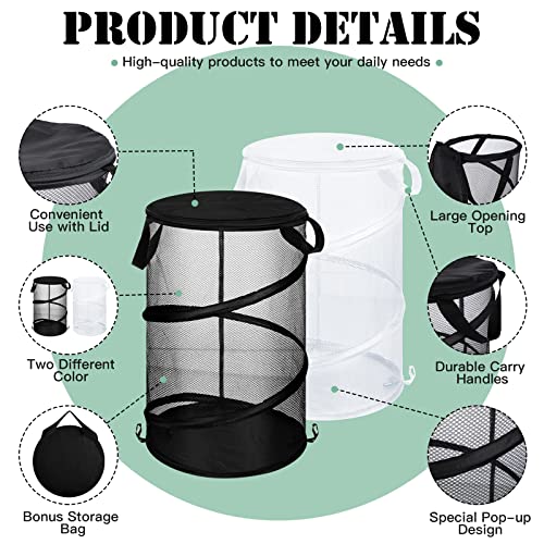 4 Set Pop up Laundry Hamper with Lid Mesh Collapsible Laundry Baskets with Handles Round Foldable Pop up Hamper with Sticky Hooks for Dirty Clothes Storage Room Organizer Travel Room Dorm White, Black