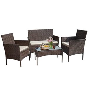 greesum patio furniture 4 pieces conversation sets outdoor wicker rattan chairs garden backyard balcony porch poolside loveseat with cushion and glass table, brown and light beige