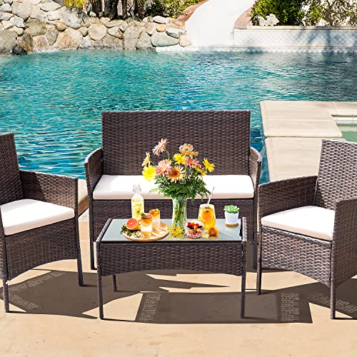 Greesum Patio Furniture 4 Pieces Conversation Sets Outdoor Wicker Rattan Chairs Garden Backyard Balcony Porch Poolside loveseat with Cushion and Glass Table, Brown and Light Beige