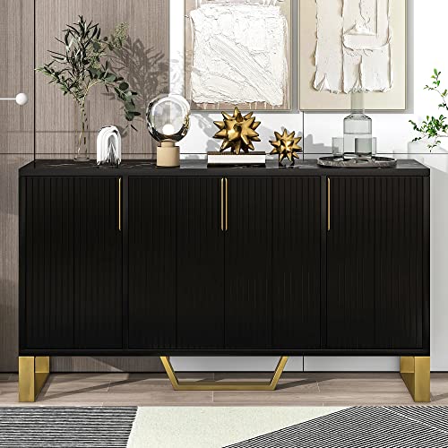 VilroCaz Modern 60'' Large Storage Cabinet Sideboard, Wooden Console Table Kitchen Buffet Cabinet with Metal Handles & Legs and Adjustable Shelves for Living Room Kitchen Entryway (Black-1)