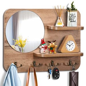 yeadcedle key holder for wall with shelf wooden key rack with key hook with mirror and 4 key hooks for rustic entrances hallways living rooms and bedrooms 16"x12"(original wood color)