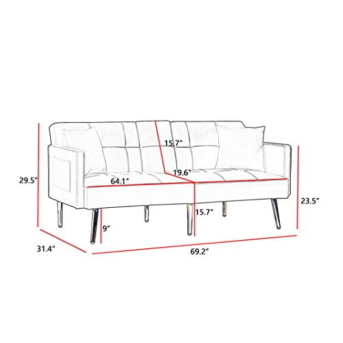 Obuvar Convertible Velvet Futon Sofa Bed, Upholstered Modern Sleeper Sofa with 2 Cup Holders, Modern Living Room Loveseat Couch with 3 Adjustable Angles and 6 Metal Legs, Off White (Line Backrest)