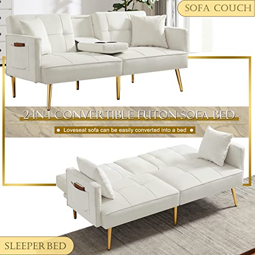 Obuvar Convertible Velvet Futon Sofa Bed, Upholstered Modern Sleeper Sofa with 2 Cup Holders, Modern Living Room Loveseat Couch with 3 Adjustable Angles and 6 Metal Legs, Off White (Line Backrest)