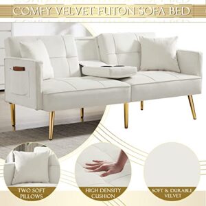 Obuvar Convertible Velvet Futon Sofa Bed, Upholstered Modern Sleeper Sofa with 2 Cup Holders, Modern Living Room Loveseat Couch with 3 Adjustable Angles and 6 Metal Legs, Off White (Line Backrest)