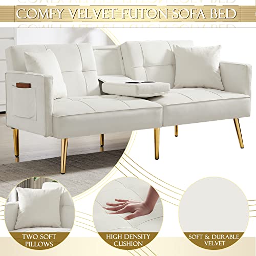 Obuvar Convertible Velvet Futon Sofa Bed, Upholstered Modern Sleeper Sofa with 2 Cup Holders, Modern Living Room Loveseat Couch with 3 Adjustable Angles and 6 Metal Legs, Off White (Line Backrest)