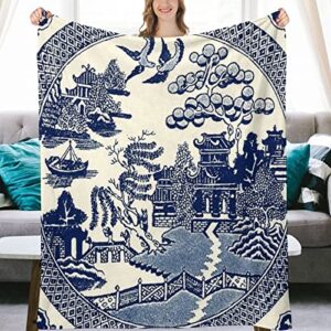 ancient china blue willow chinoiserie flannel fleece throw blankets 50"x40" lightweight fluffy winter fall blanket cozy soft fuzzy plush home decor for couch bed sofa bedroom living room travel