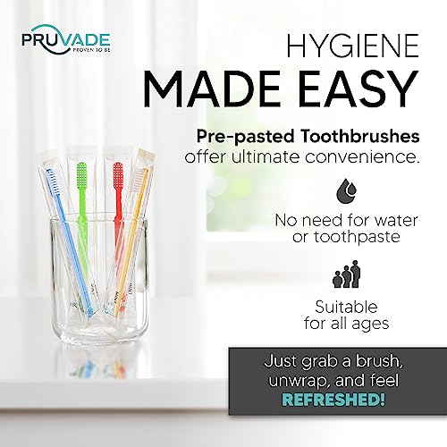 PRUVADE 144 Pack Disposable Toothbrushes with Toothpaste, Built In - Prepasted Toothbrushes Individually Wrapped |Single Use Waterless Tooth Brush with Soft Bristles for Airbnb, Hotel, Camping, Travel